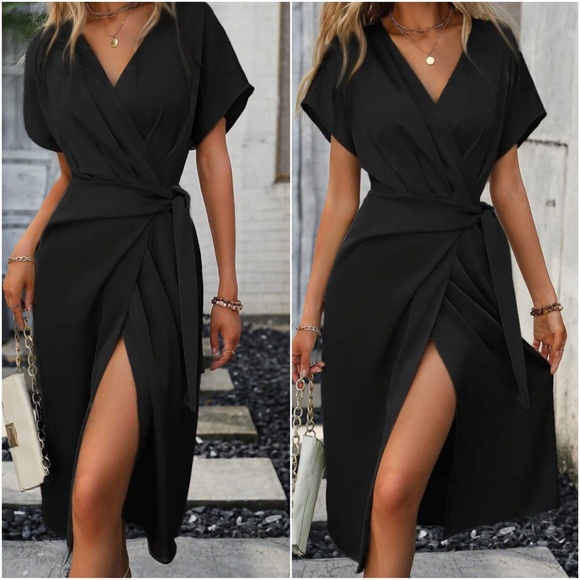 Dresses | Classic Solid Pleated Wrap Midi Dress | Poshmark
